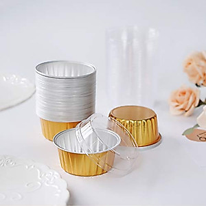 EUSOAR Disposable Ramekins, Gold 50pcs 5oz Mini Aluminium Foil Baking Cups with Lids Creme Brulee Cupcake Liners, Desert Cheesecake Pans Flan Molds Tin Cups Containers for Party Favor Birthday