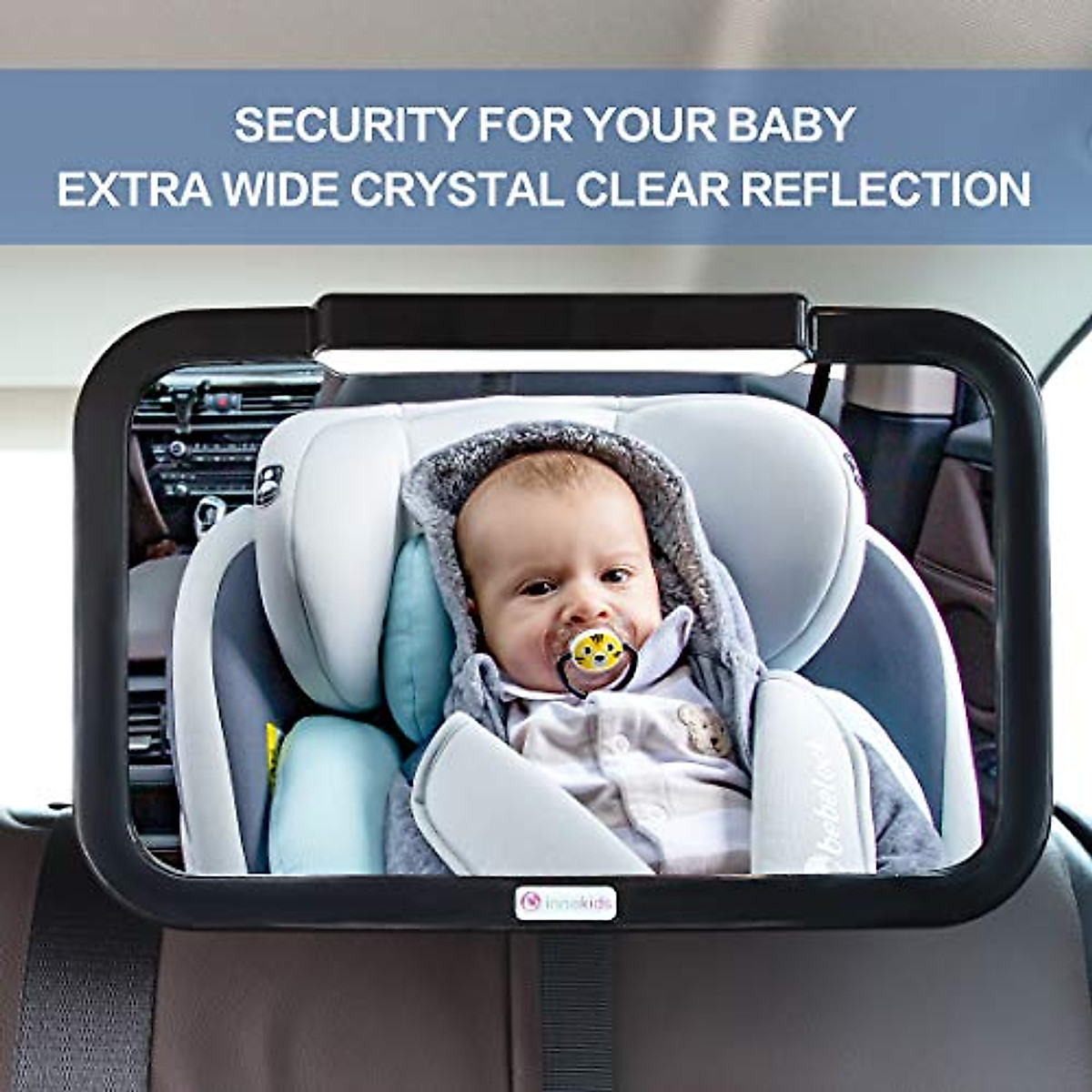 Baby Car Mirror with Light Innokids Dual Mode LED Lighting by Remote Control Clear View of Infant in Rear Facing Back Seat While Night Driving (Black)