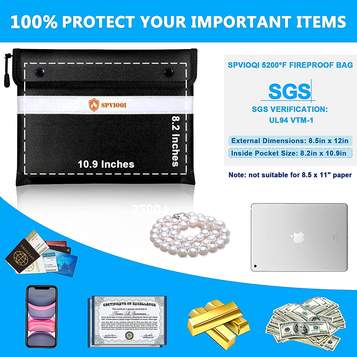 Fireproof Document Bag with 4200°F Heat Insulated, 11”X 7.7” Waterproof Fireproof Bag with Zipper, Reflective Strip for Fast Find, Fireproof Money Bag for Cash, Important Documents and Valuables