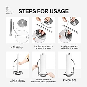 Paper Towel Holder Countertop,Longer Spring Arm(8cm) Stainless Steel Kitchen Paper Towel Holder Stand,Brushed Nickel Easy Tearing Paper Towel Dispenser with Weighted Base Fit Most Size Paper Roll,V1