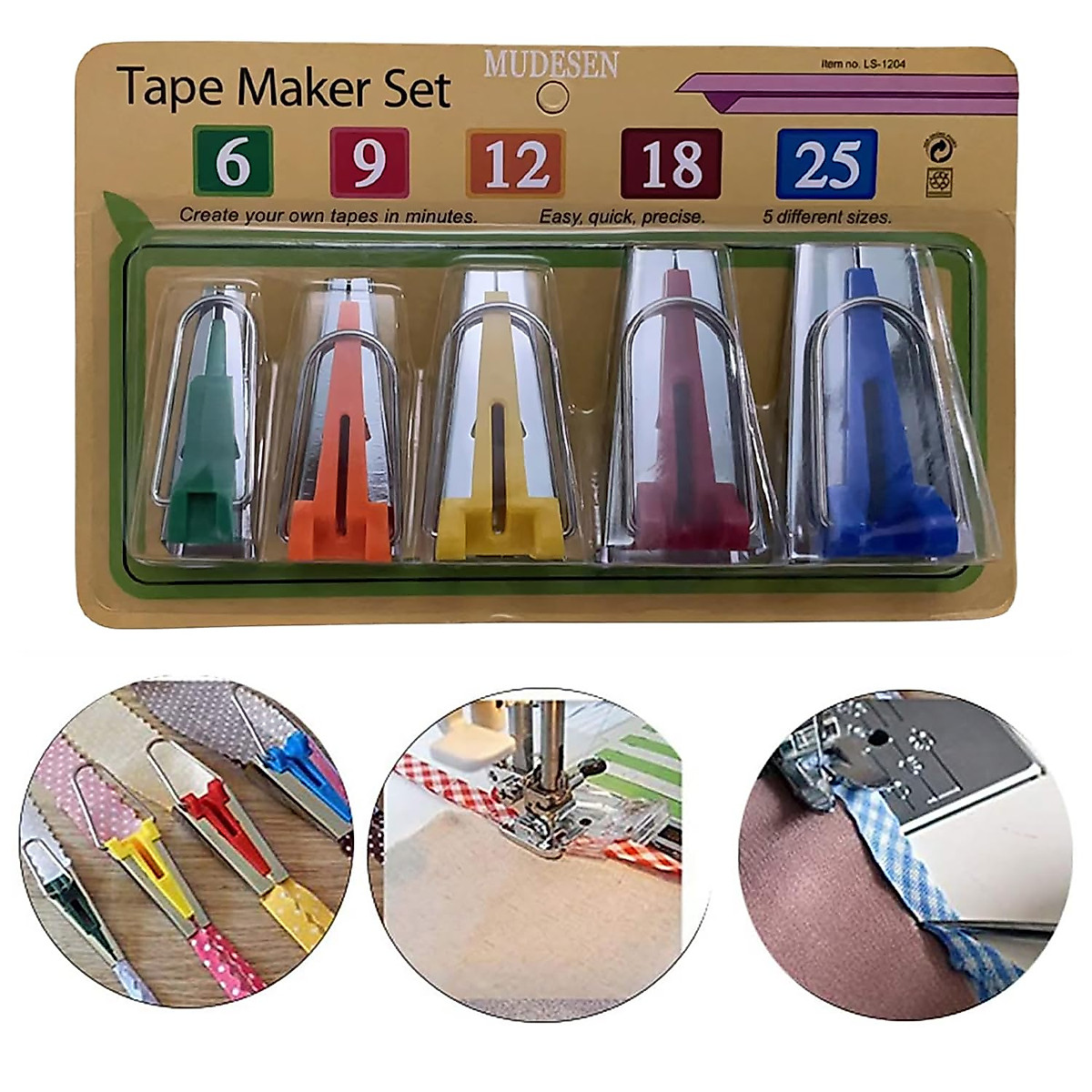 Bias Tape Makers Kit of 5 Sizes 1/4" 3/8" 1/2" 3/4" 1" DIY Quilting Tools Kit for Fabric Sewing and Quilting