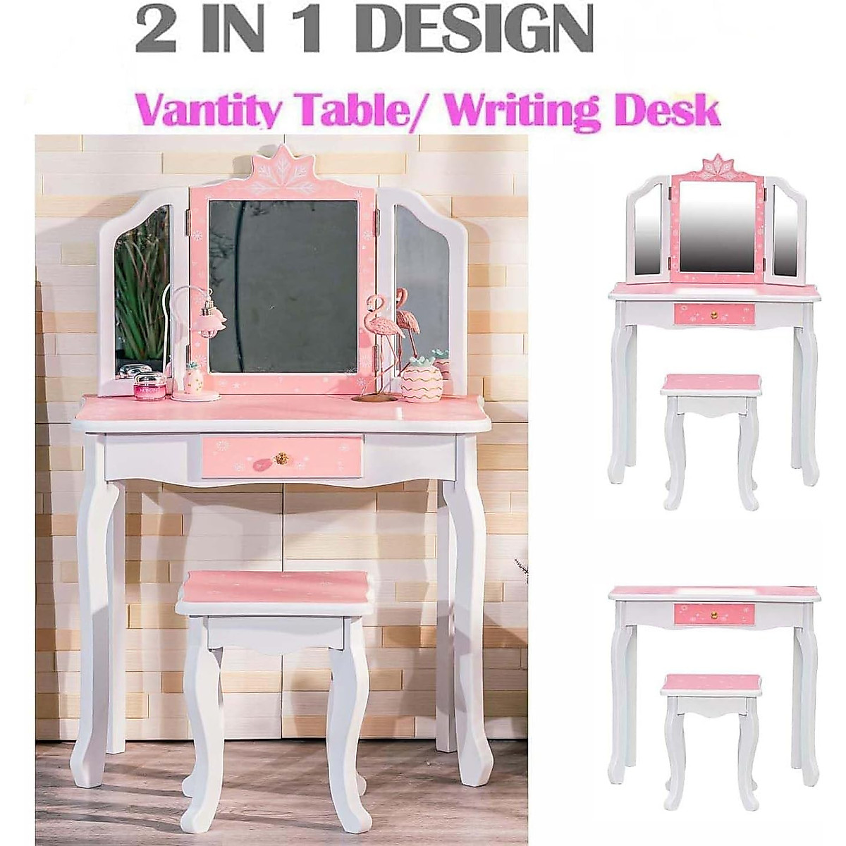 GAOMON Kids Vanity, Girls Vanity Table with Tri-Folding Mirror,Stool & Drawer, 2 in 1 Wooden Princess Makeup Desk Dressing Table, Toddler Vanity,Pretend Play Vanity Set for Kids