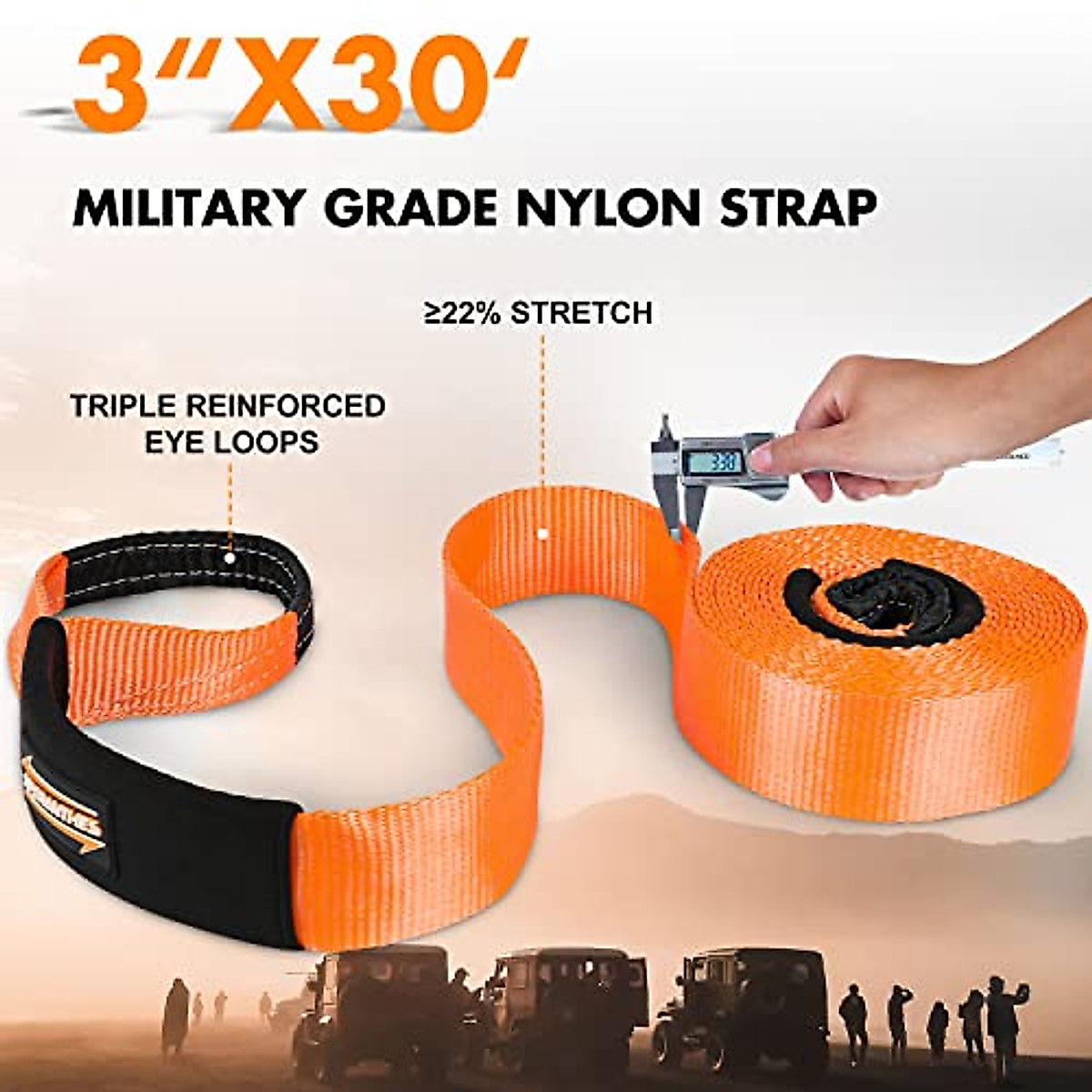 AUREOLE Tow Straps Heavy Duty Recovery Rope Kit 3" x 30ft Snatch Straps Lab Tested 35,000lb Break Strength,22% Elongation 100% Nylon Strap + 3/4 D Ring Shackles (2 Pack) with 4 Washers + Storage Bag