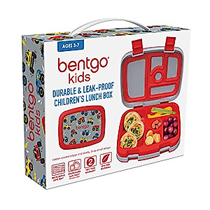 Bentgo® Kids Prints Leak-Proof, 5-Compartment Bento-Style Kids Lunch Box - Ideal Portion Sizes for Ages 3 to 7 - BPA-Free, Dishwasher Safe, Food-Safe Materials (Trucks)