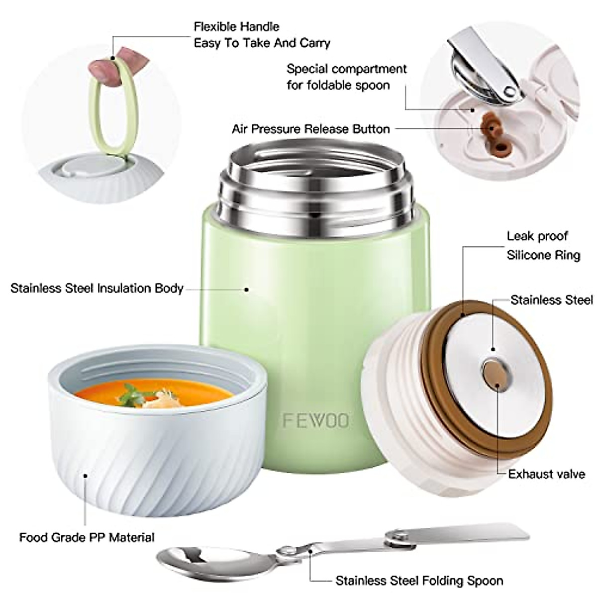 FEWOO Food Thermos - 20oz Vacuum Insulated Soup Container, Stainless Steel Lunch box for Kids Adult, Leak Proof Food Jar with Folding Spoon for Hot or Cold Food (Green)