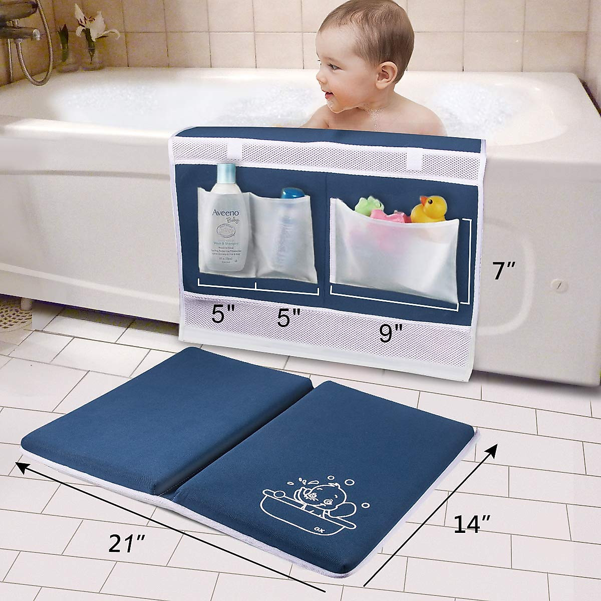 Baby Bath Kneeler and Elbow Rest -1.5" Thick Kneeling Pad with Toy Organizer - Large Safty Kneeler Mat for Tub Bathing and Bathroom Time - Detachable and Foldable Child Bath Tub Mat - Royal Blue