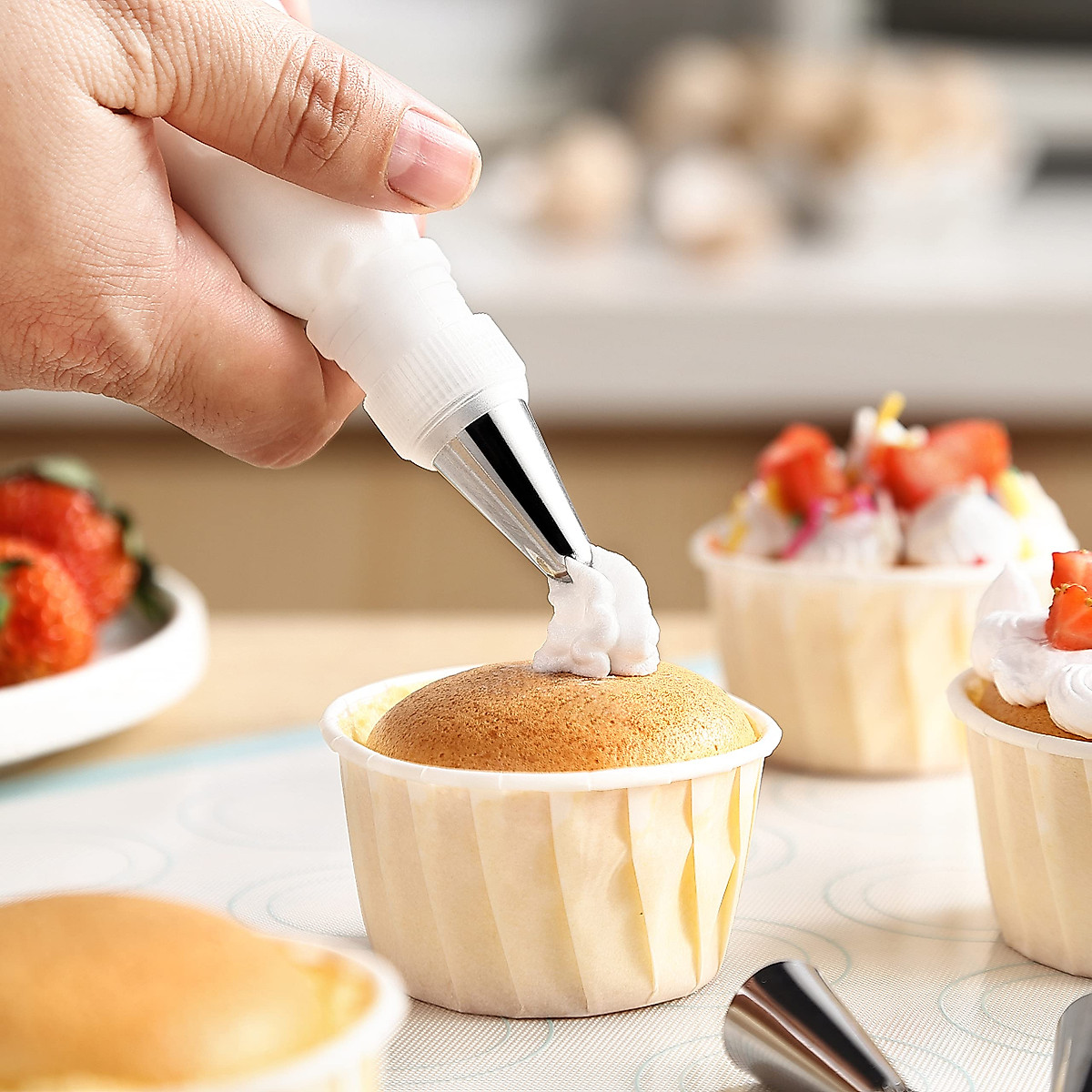 Silicone Baking Mat Kit, Non-Stick Food Grade Silicone Mats Set of 2 Half Sheet Macaron Mats, 6 Piping Tip,2 Piping Bag and 2 Tie Heat Resistant,BPA Free-Reusable Nonstick Liners for Baking Pans