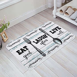 Kitchen Tableware Decorative Door Rug, Absorbent Low Profile Front Door Mats, Machine Washable Door Rug for Bathroom Kitchen 16 x 24 inches, Vintage Fork Spoon Eat Laugh Live