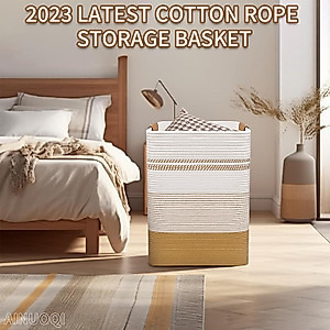 AINUOQI Laundry Hamper - 85L Large Laundry Basket with Leather Handles, Decorative Storage Basket for Blankets - Cotton Rope Woven Baskets for Storage, Clothes Hamper for Living Room, Jute & White