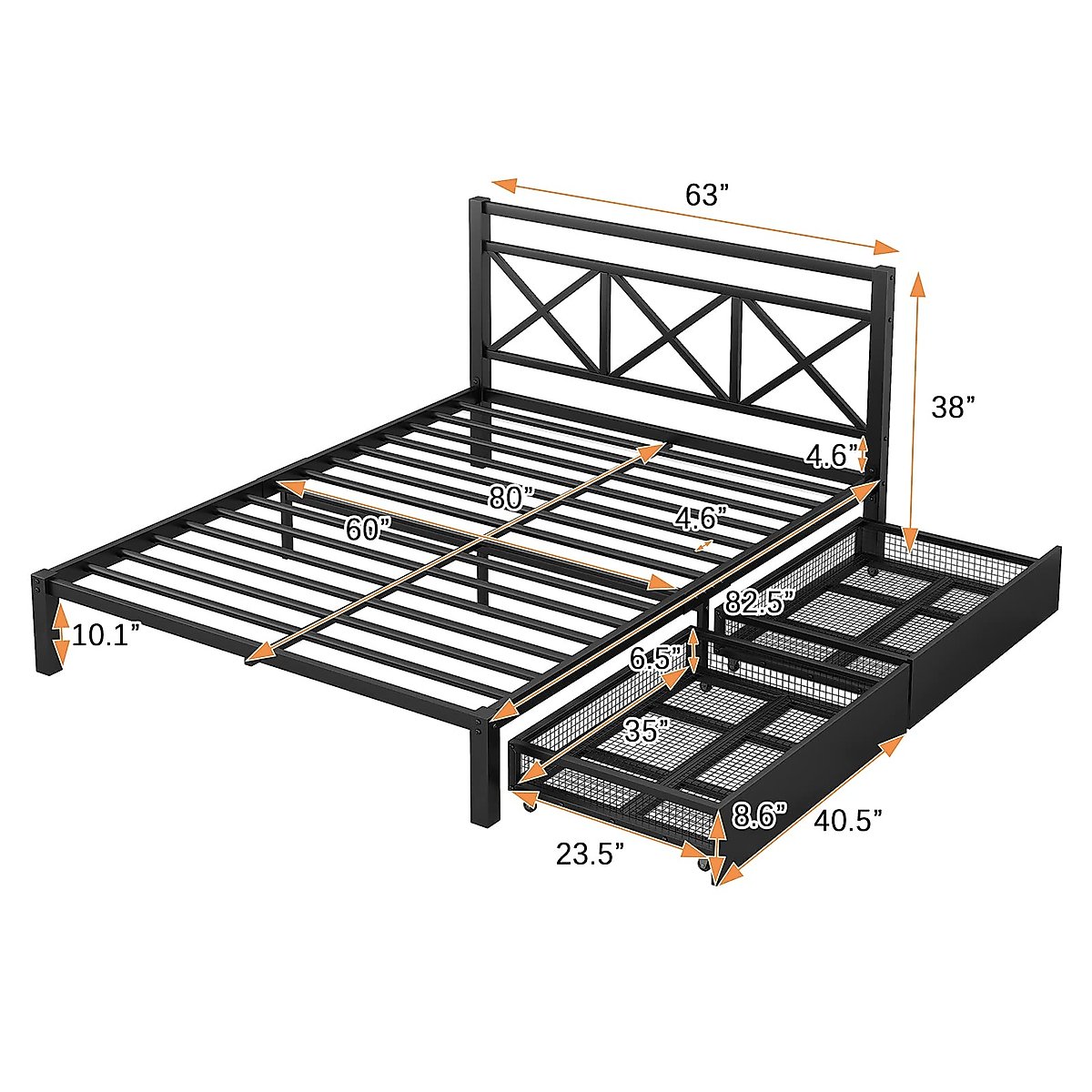 Queen Size Platform Bed Frame, Metal Bed Frame with 2 Storage Drawers Queen Bed Frame with Headboard More Sturdy, Noise-Free, No Box Spring Needed, Easy Assembly, Black