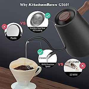 Electric Gooseneck Pour Over Kettle: KitchenBoss 1 Liter Temperature Control Coffee Kettles, 1350W Quickly Heating and Keep Warm Settings Stainless Steel Walnut Handle with Mute Mode (Charcoal Black)