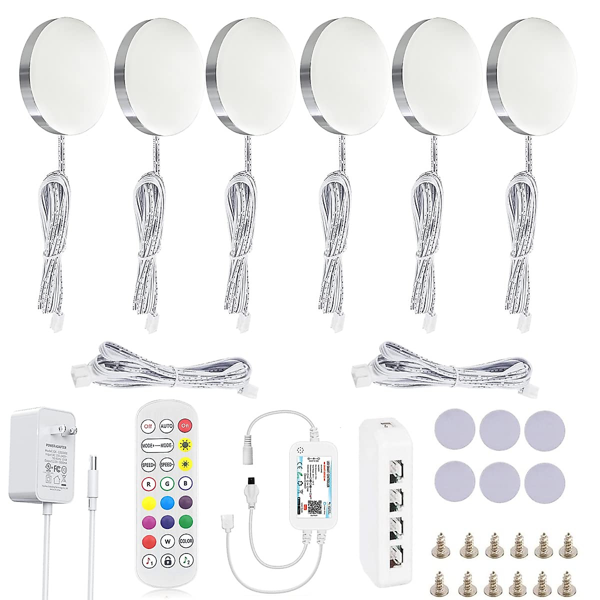 Round RGB Multicolor Dimmable LED Cabinet Lighting Counter Showcase Kitchen Lighting Fixture Compatible with Alexa, Echo, Google Home (no hub Required) with Remote Controlntrol (6 Lights Kit)
