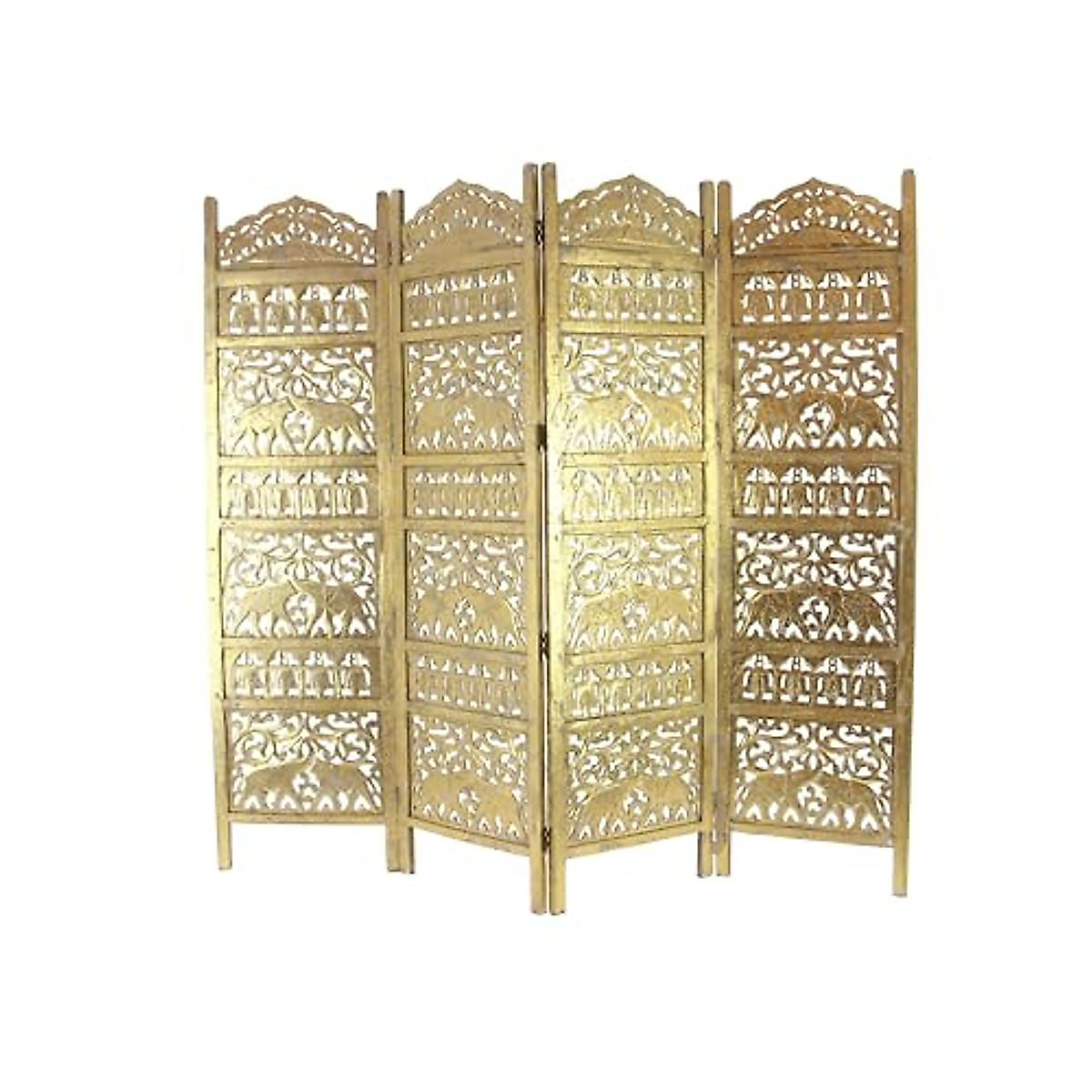 Deco 79 Wooden Scroll Handmade Partition Room Divider Screen Hinged Foldable Partition 4 Panel Privacy Screen with Carved Elephant Accents, Room Partition 80" x 1" x 72", Gold