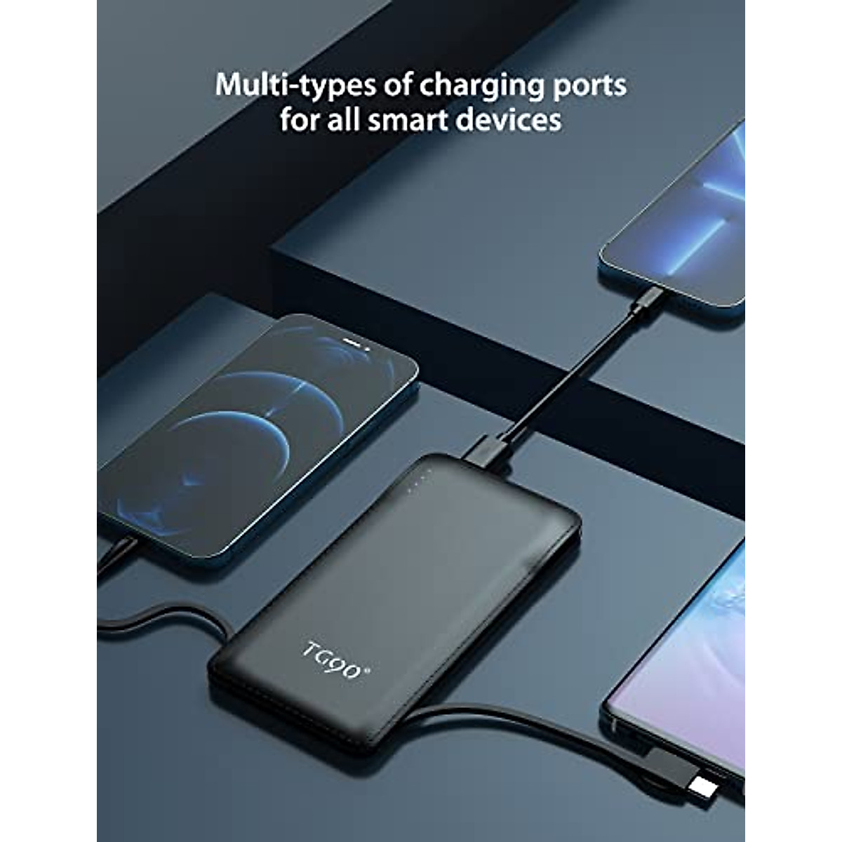 TG90° Cell Phone External Battery Packs 10000mAh Power Bank with Built in Lightning Cable Portable Charger Battery Backup Compatible with iPhone Android Phone Power Packs