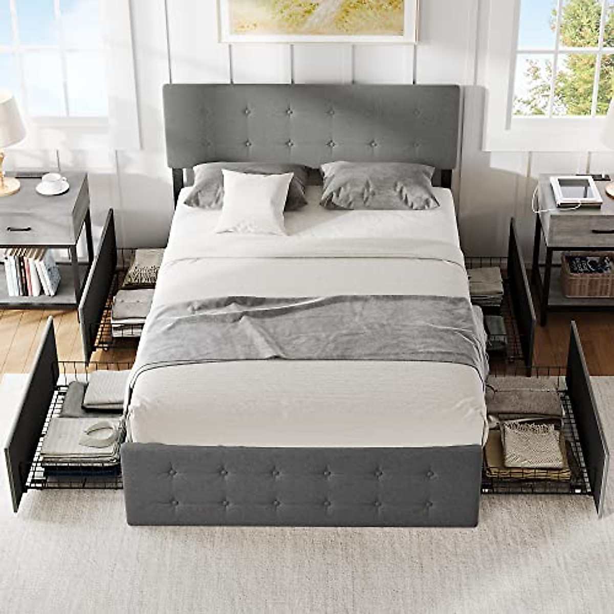 GAOMON Queen Bed Frame with Storage, Grey Bed Frame Queen Size with 4 Drawers and Headboard, Platform Bed Frame with Large Storage, No Box Spring Needed, Noise-Free, Easy Assembly