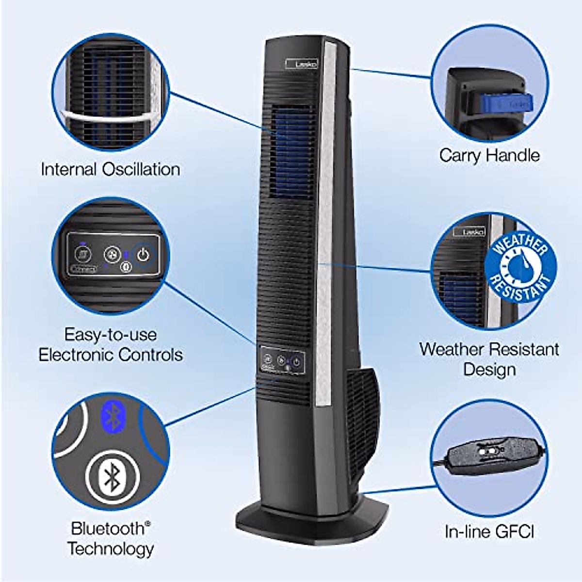 Lasko 42" Portable Outdoor Tower Fan with Bluetooth Technology for Decks, Patios and Porches with 4 Speeds, Night Mode, Internal Oscillation, Black, YF200