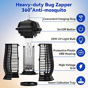 20W Bug Zapper Outdoor, Fly Traps for Indoors with Powerful 3U Shape Light Bulb, Waterproof Fly Zapper, Electric Mosquito Killer for Home, Backyard, Patio (100, Volts)