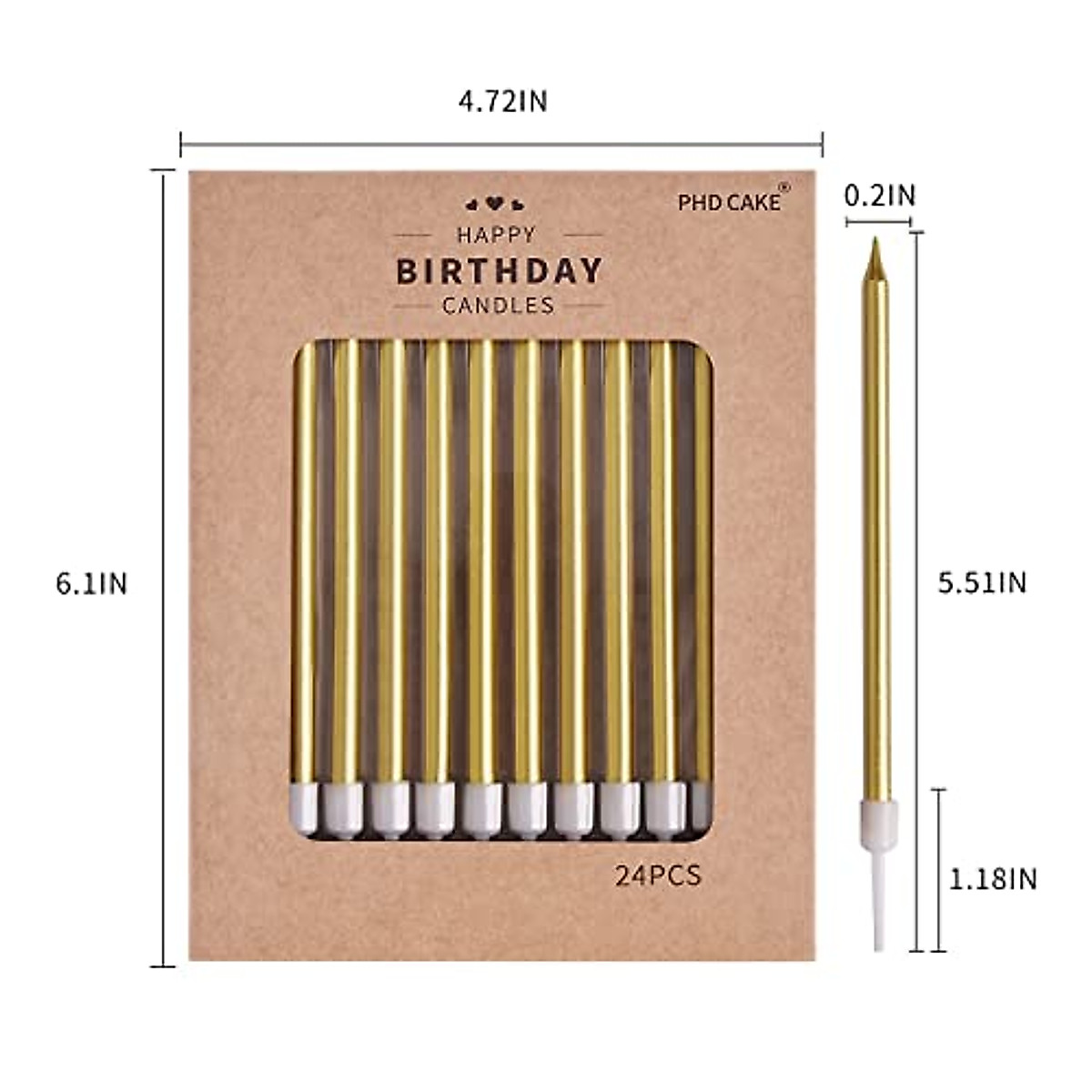 PHD CAKE 24-Count Gold Long Thin Metallic Birthday Candles, Cake Candles, Birthday Parties, Wedding Decorations, Party Candles