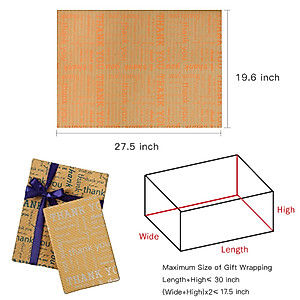 Packanewly Wrapping Paper - 6 Folded Kraft Sheets with DIY Sticker, Ribbon, Tape - Word Thank You Design Gift Wrap Sheet - 19.6 x 27.5 inches per Sheet