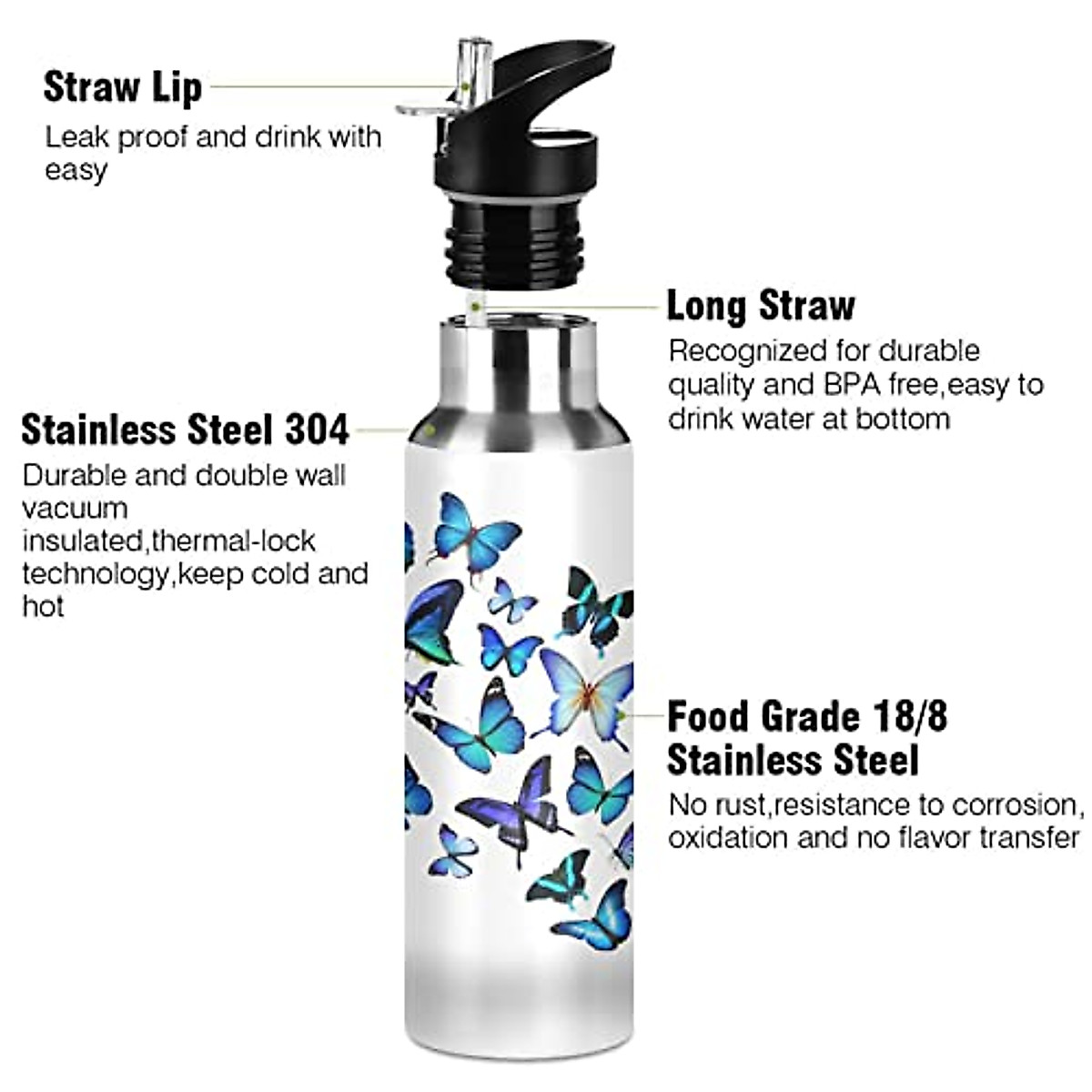 Kcldeci Blue Butterfly Sports Water Bottle 20 Oz Straw Lid Leak Proof Vacuum Insulated Stainless Steel Water Bottles Hot Cold Double Walled Thermo Mug Tumbler Travel Cup