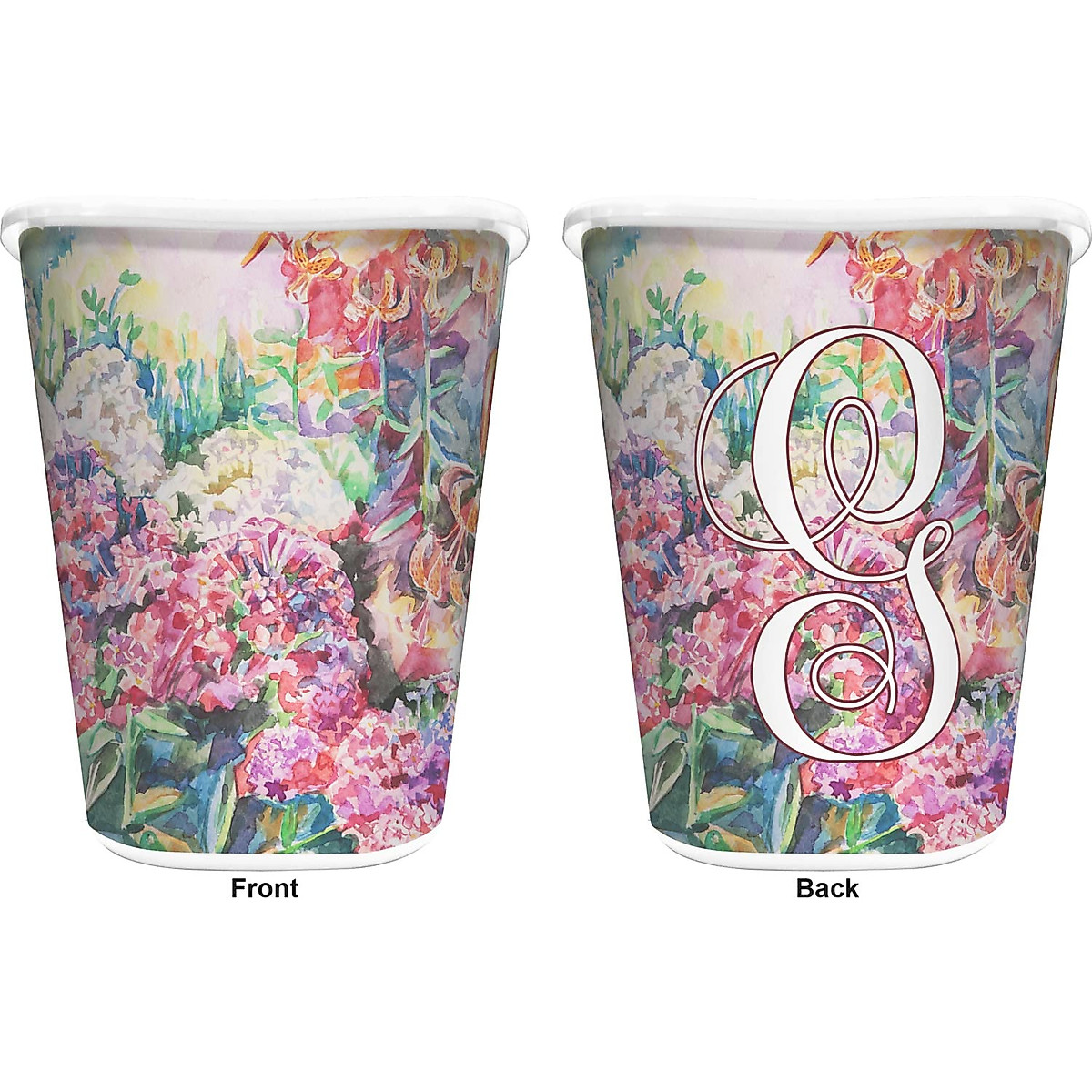 RNK Shops Personalized Watercolor Floral Waste Basket - Double Sided (Black)