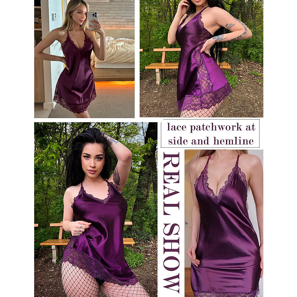Avidlove Women Lingerie Satin Lace Chemise Nightgown Sexy Full Slips Sleepwear (Large, Dark Purple)