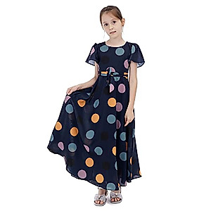 PUSEGA Blue Polka Dot Dress for Teens Toddler Dress for 8 Years Girls, Short Sleeve Dress, Holiday Dresses (Blue, 130, 8years)
