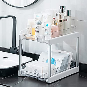 Nyxozonny 2-Tier Pull-Out Sliding Under Sink plastic Stackable Organizer for Bathroom & Cabinet & Kitchen Storage,Plastic Drawer & ABS Pole, Anti-Rust,White