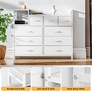 GAOMON Dresser TV Stand with Power Outlet, Bedroom Dresser with 9 Drawers, Chest of Drawers for Living Room, Hallway(White)