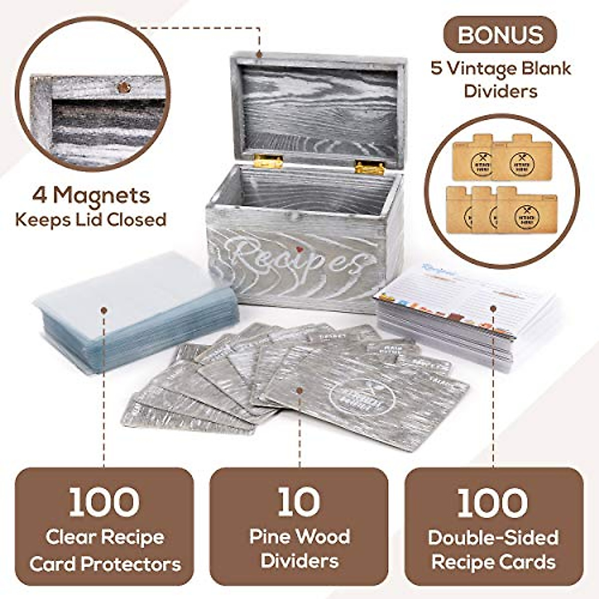 Wooden Recipe Box with Cards and Dividers,100 Recipe Cards 4x6 Double Sided and 100Clear Recipe Card Protectors,10 Wood Dividers Rustic Style Set,Grandma Mom Women Wedding Bridal Shower