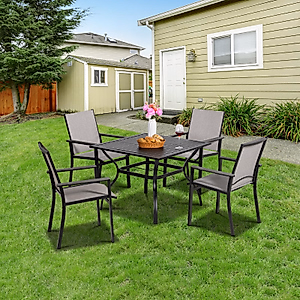 bigget 5-Piece Patio Outdoor Dining Set of 4 Chairs Textilene Breathable Fabric& Wrought Iron Desk Square Metal Table w/ 1.57" Umbrella Hole Furniture Set for Garden Yard Porch Deck Bistro