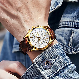 OLEVS Brown Leather Watch Men Chronograph Gold Case Analog Quartz Fashion Business Dress Large Face Men Watch Multifunction Luminous Waterproof Casual Male Wrist Watch White Dial Reloj para Hombre
