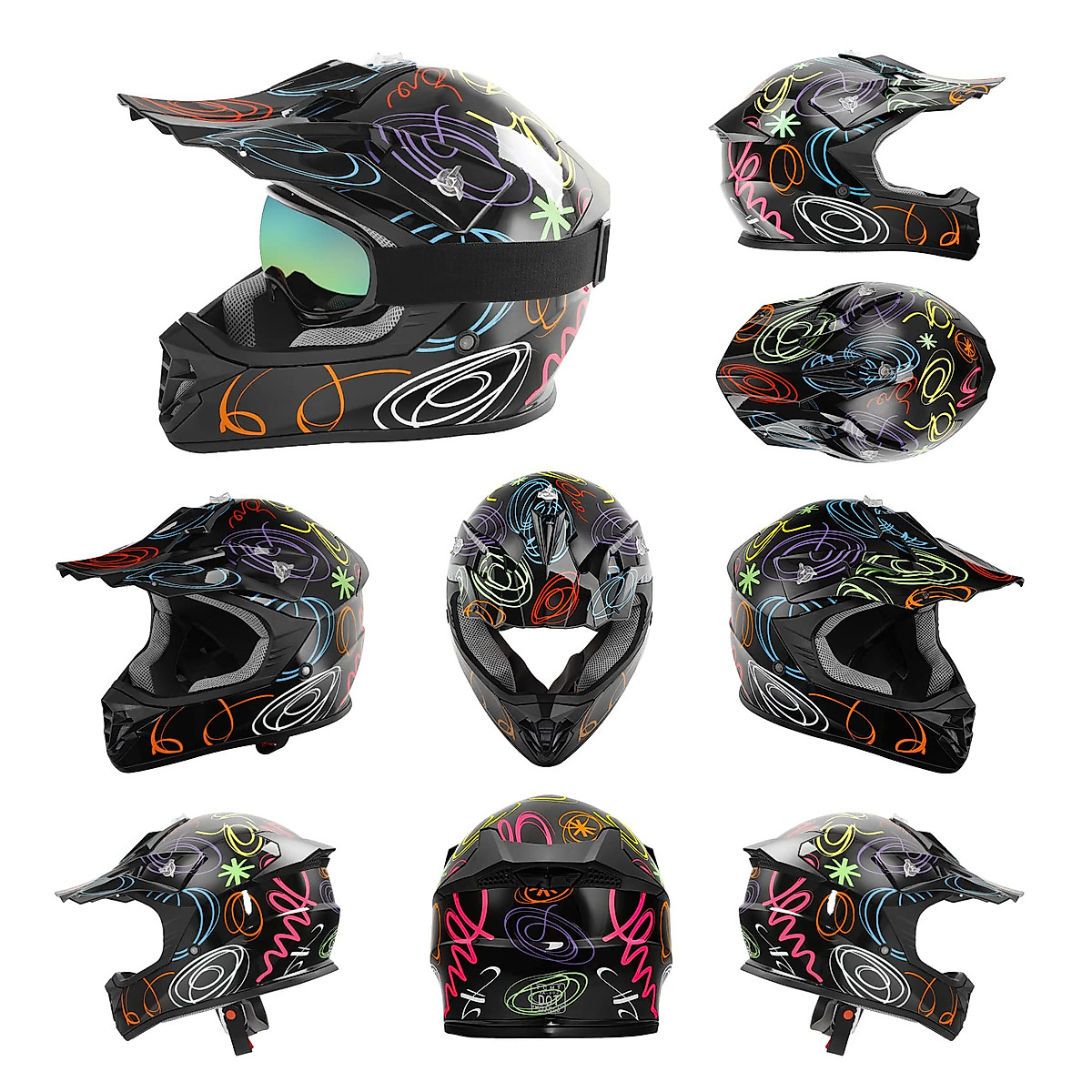 TCMT Dot Youth & Kids Motocross Offroad Street Helmet Green Flame Motorcycle Youth Helmet Dirt Bike Motocross ATV Helmet+Goggles+Gloves M