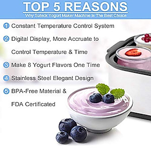 Automatic Yogurt Maker Machine Digital LCD Display with Constant Temperature Control 8 Glass Greek Jars and Lids 48 Ozs Stainless Steel Design for Home Kitchen Use.