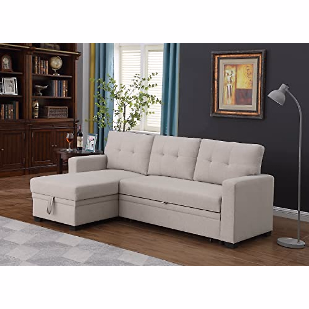 KTVTK 82" L-Shape Sleeper Sectional Sofa with Storage Chaise and Pull-Out Bed,Convertible Couch for Living Room,Apartment,Office,Beige, 82'