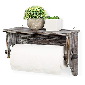 MyGift Wall Mounted Solid Torched Wood Paper Towel Roll Holder with Display Storage Shelf, Kitchen Hand Towel Bar with Top Storage Spice Rack