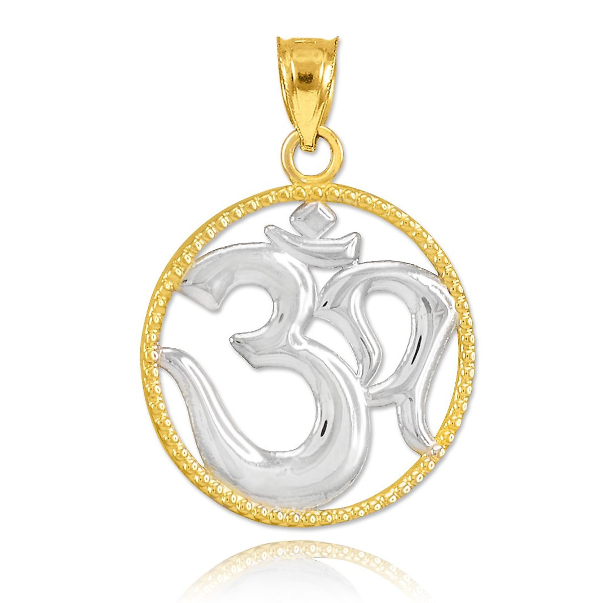 10k Two-Tone Gold Round Milgrain-Edged Yoga Medallion Om Charm Pendant
