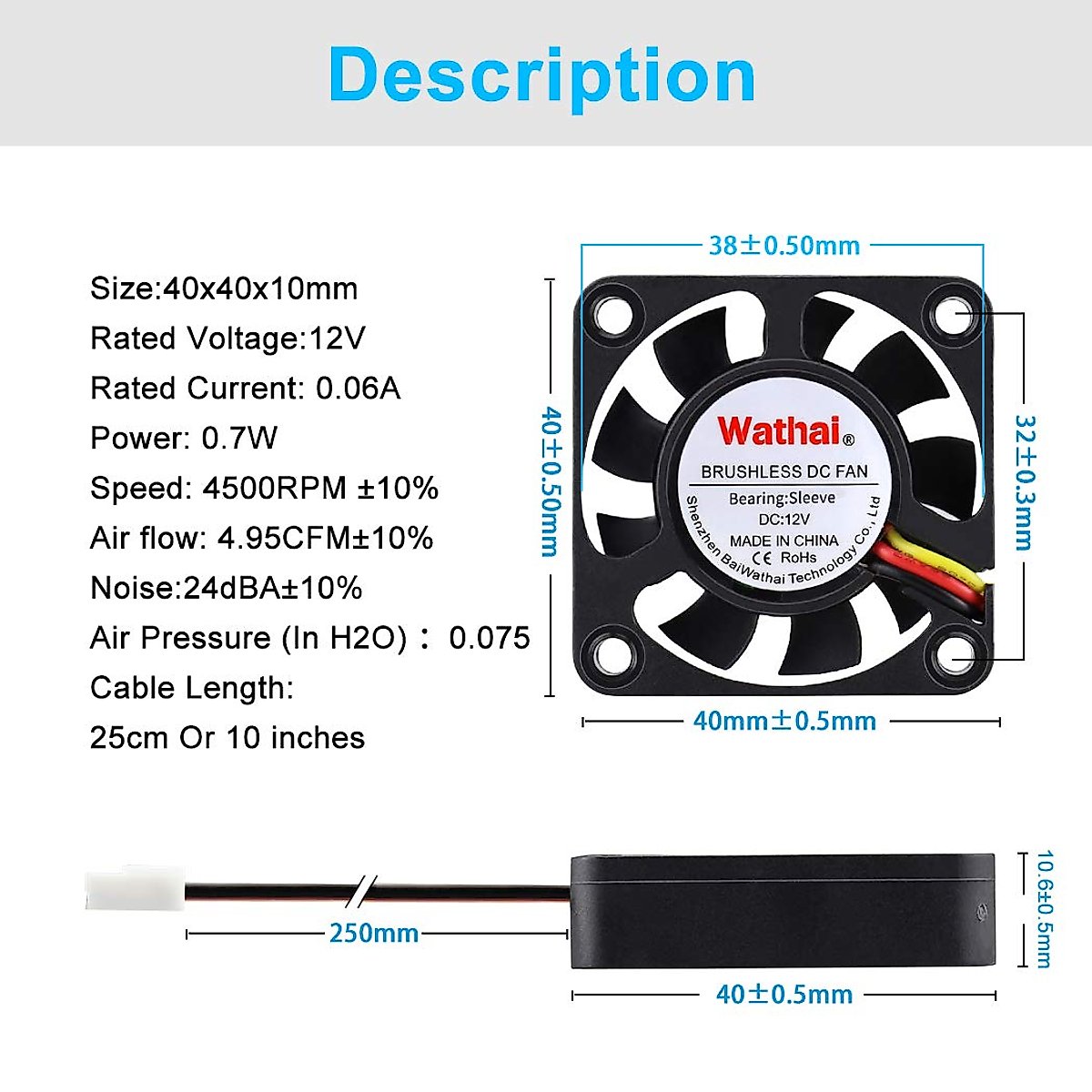 Wathai 40mm x 10mm DC Brushless Fan 12V 3Pin Cooling for 3D Printing, PC Computer Case, CPU Replacement, Graphics Card, Raspberry PI