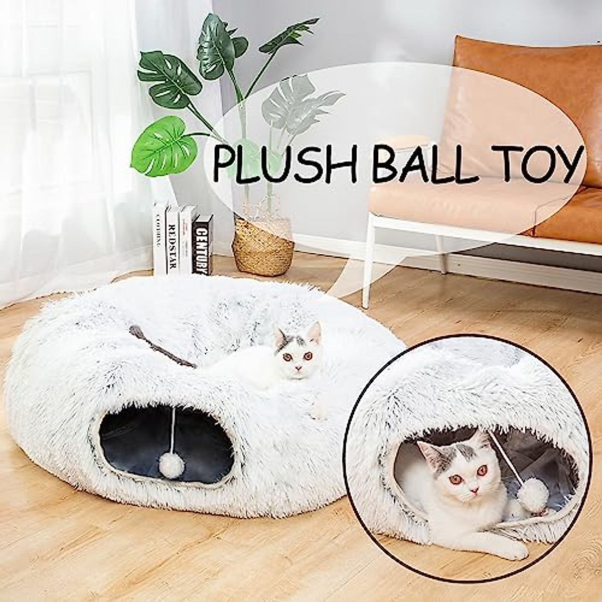 LUCKITTY Warm Fluffy Plush Cat Dog Tunnel Bed with Washable Cushion-Big Tube Playground Toys 3 FT Diameter Longer Crinkle Collapsible 3 Way, for Indoor Cat Kitty Kitten Puppy Rabbit Ferret White