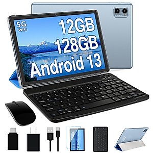 Oangcc Android 13 Tablet 2024 Newest 10 Inch Tablets with 12GB RAM +128GB ROM +1TB Expanded Octa-Core, 2 in 1 Tablet with Keyboard Mouse 5G Wi-Fi Blue/Tooth GMS Certified GPS - Blue