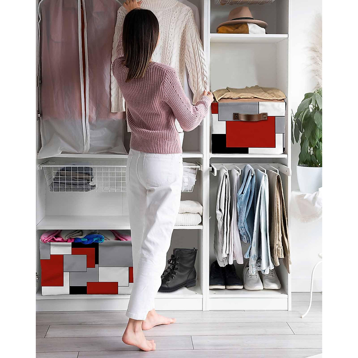 Abstract Storage Basket Large Foldable Storage Bins with Handles Geometric Mid Century Red Nordic Waterproof Fabric Laundry Baskets for Organizing Shelves Closet Toy Gifts Bedroom Home Decor