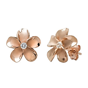 Honolulu Jewelry Company 14K Rose Gold Plated Sterling Silver CZ Plumeria Flower Nature Stud Earrings, 12mm