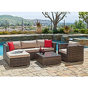 SUNCROWN 6-Piece Outdoor Furniture Patio Sectional Sofa - PE Rattan Wicker Conversation Set with Cushions and Coffee Table