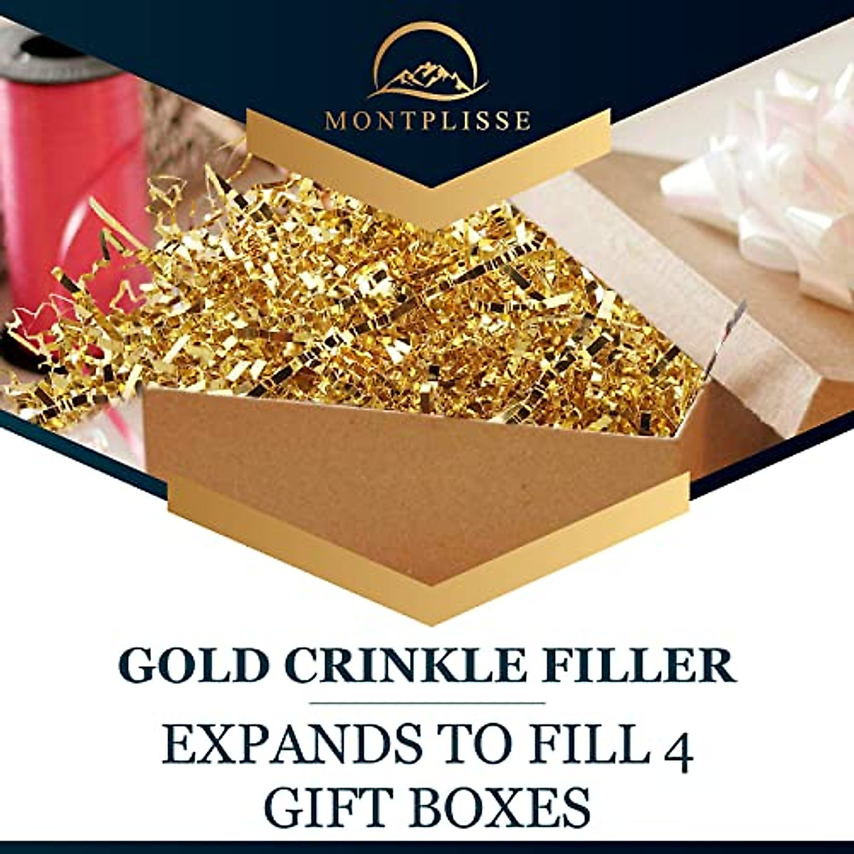 Montplisse Gold Crinkle Paper, 1 LB. Bag. Gold Crinkle Cut Paper Shred filler gold for Gift Box & Baskets, Wedding & Christmas Gifts. Gold Shred for 4 gift boxes.