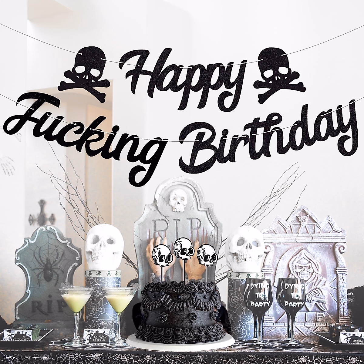 Gothic Birthday Decorations Funny Happy Birthday Banner Black Bunting Banner Skull Sign Theme Party Decor Adult Birthday for Decorations Supplies