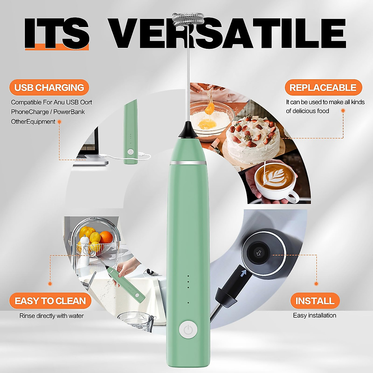 Laposso Milk Frother Rechargeable Handheld Electric Whisk Coffee Frother Mixer with 2 Stainless whisks 3 Speed Adjustable Foam Maker Blender for Coffee Matcha Latte Cappuccino(Avocado Green)