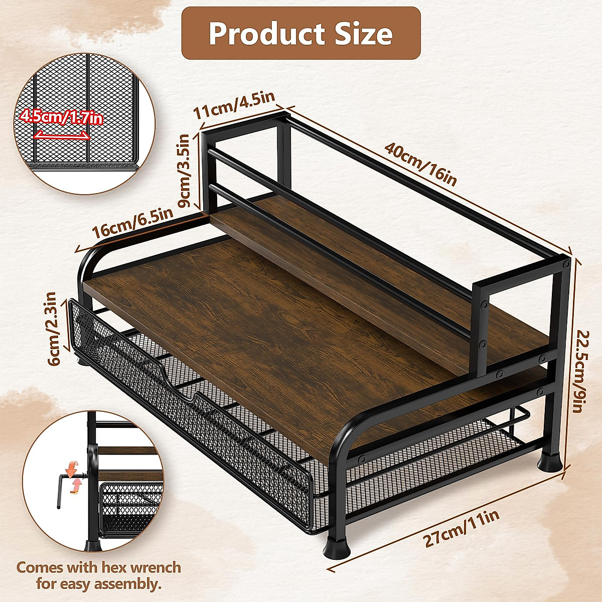PONEYA Coffee Syrup Rack Organizer, 3-Tier 8 Bottles Coffee Syrup Rack with 35 K Cup Storage Basket for Coffee Bar, Syrup Bottle Holder Stand for Syrup, Wine, Dressing for Kitchen Coffee Station
