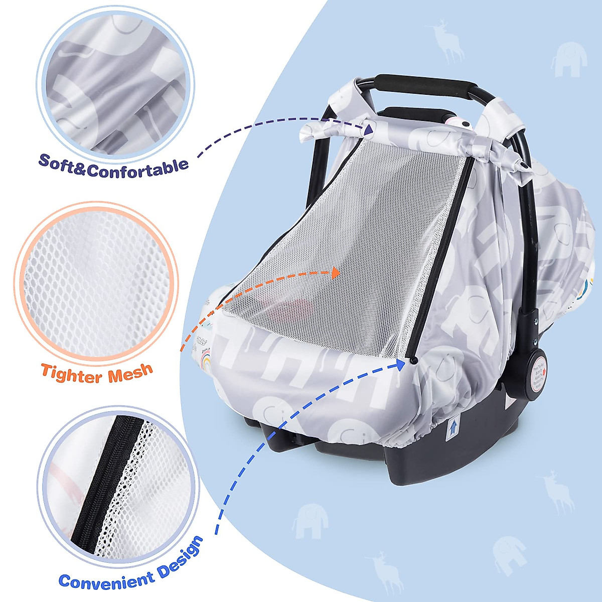 SMTTW Car Seat Cover for Babies, Stretchy Breathable Carseat Canopy with Peek Window, Multiuse Infant Stroller Cover for Baby Boys Girls, Privacy Sun Shade & Wind Protect for Summer (Elephant)