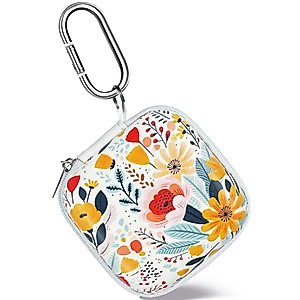 KOUJAON Square Earbud Case, Headphone Organizer Wired Ear Bud Case Portable EVA Carrying Case Storage Bag with Carabiner for Airpods Pro Beats Bose Galaxy Buds Data Cable Storage (Blooming Floral)