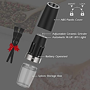 Gravity Electric Salt and Pepper Grinder Set, Joyfort Automatic Pepper Mill Grinder Battery Powered with Adjustable Coarseness, Stainless Steel,Blue LED Light, Support One Hand Use, Black-2 Pack